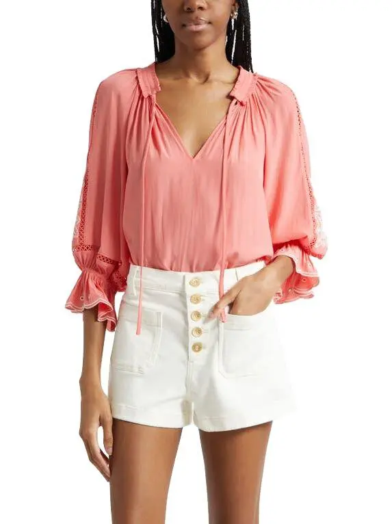 Ramy Brook Haven Embroidered Woven Shirt - Coral