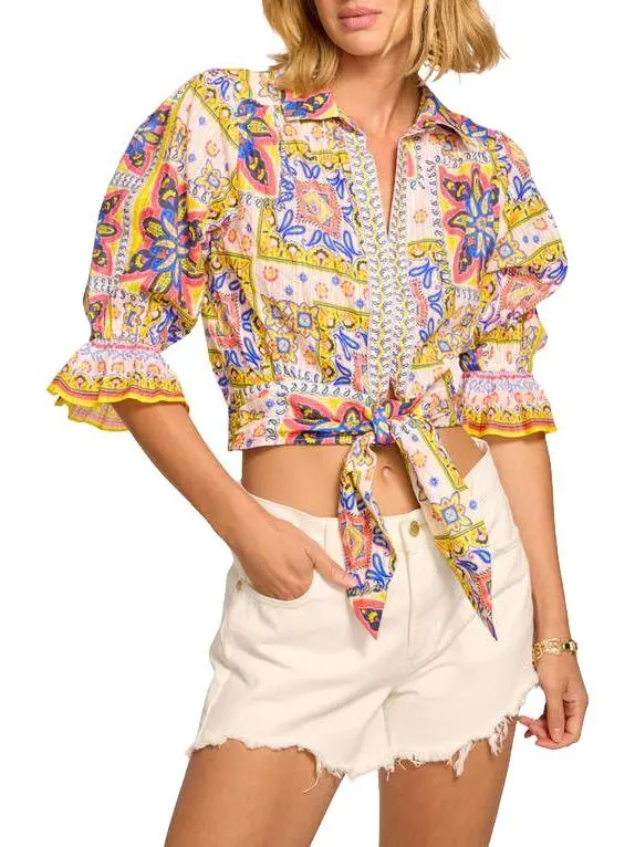 Ramy Brook Zola Tile Print Tie Front Shirt - White Piazza