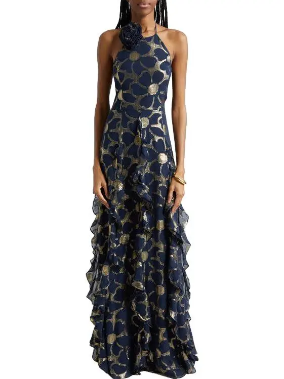 Ramy Brook Idella Daisy Metallic Ruffle Halter Gown - Navy Jacquard