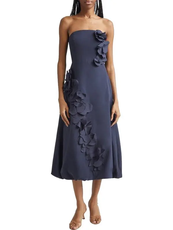 Ramy Brook Zaria Floral Appliqué Strapless Midi Dress - Navy