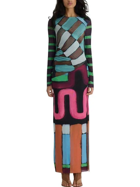 ROMY Portia Dress Statement Mesh Maxi - Warped Linear