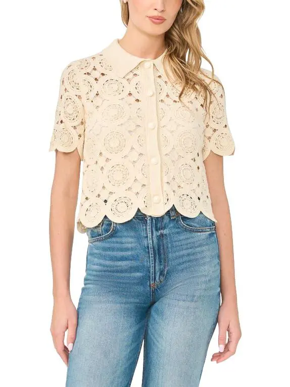CECE DUPRAZ Crochet Collared Short Sleeve Cardigan - Sand Drift