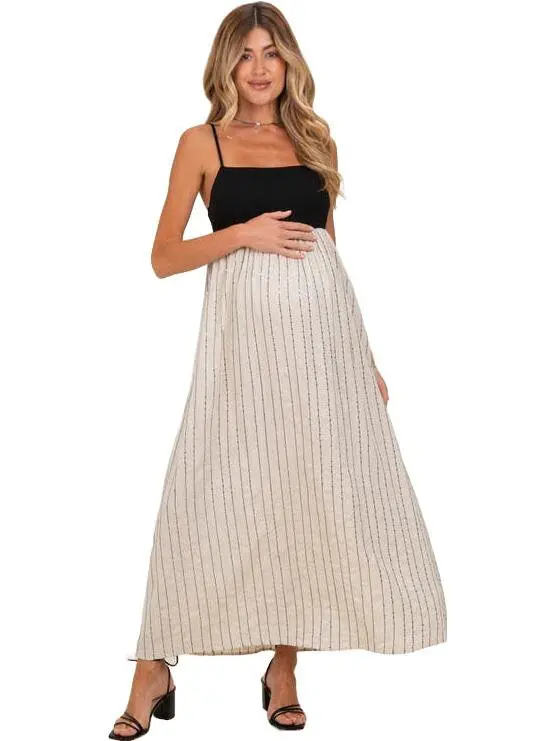 PINKBLUSH Maternity Maxi Dress With Spaghetti Straps And Vertical Stripes - Black