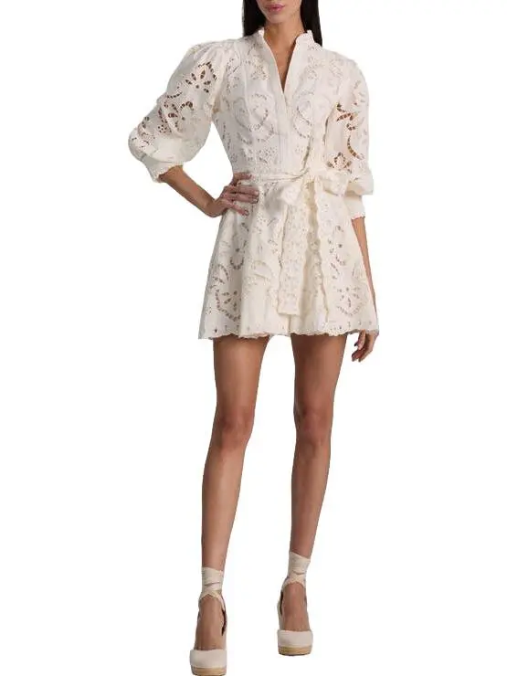 Alice + Olivia Lucy Embroidered Long Sleeve Minidress - Off White