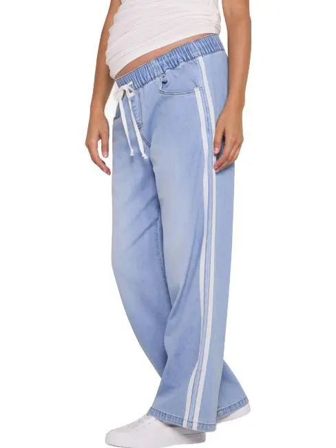 Motherhood Maternity Drawstring Pull-on Wide Leg Pant - Light Wash With White Stripe