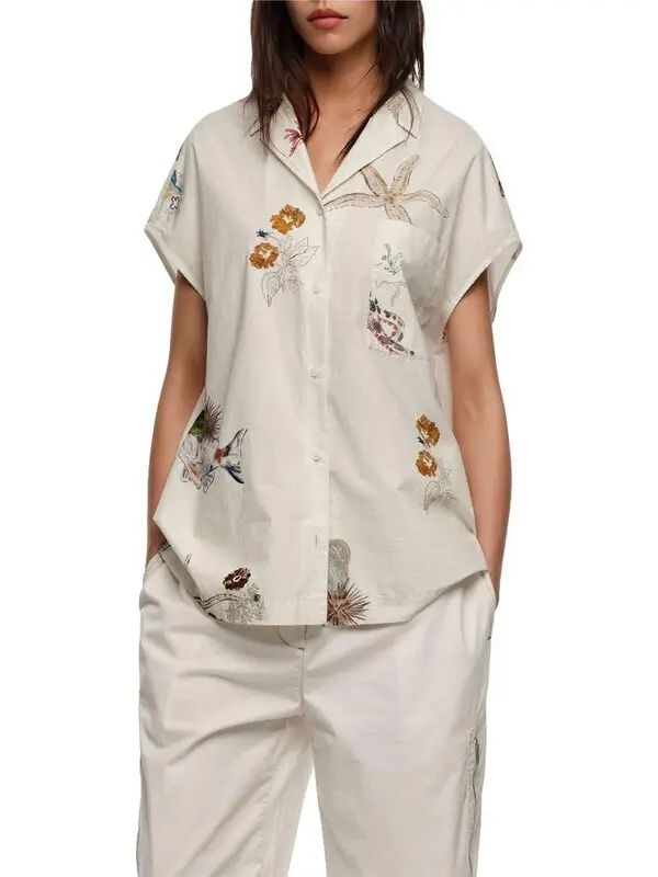 Bimba Y Lola Cotton Cape Shirt With Seabed Print - Seabed Off White