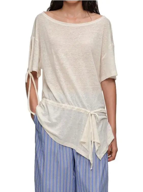 Bimba Y Lola Linen T-shirt With Adjustable Waist And Sleeve Detail - Ivory