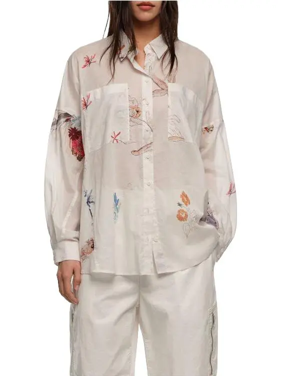 Bimba Y Lola Oversized Printed Cotton Shirt - Seabed Off White