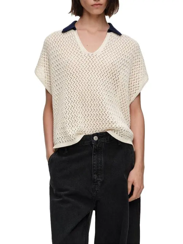 Bimba Y Lola Openwork Cotton Polo Sweater - Ivory