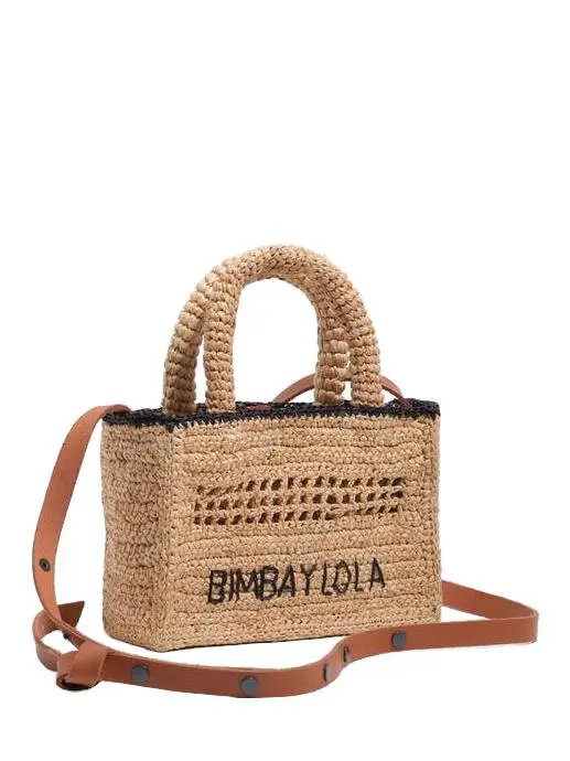 Bimba Y Lola Raffia Mini Bag With Leather Details - Natural