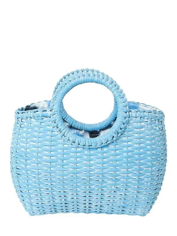 SARAH STEWART Willow Cain Handwoven Rattan Top Handle Bag With Printed Lining - Blue