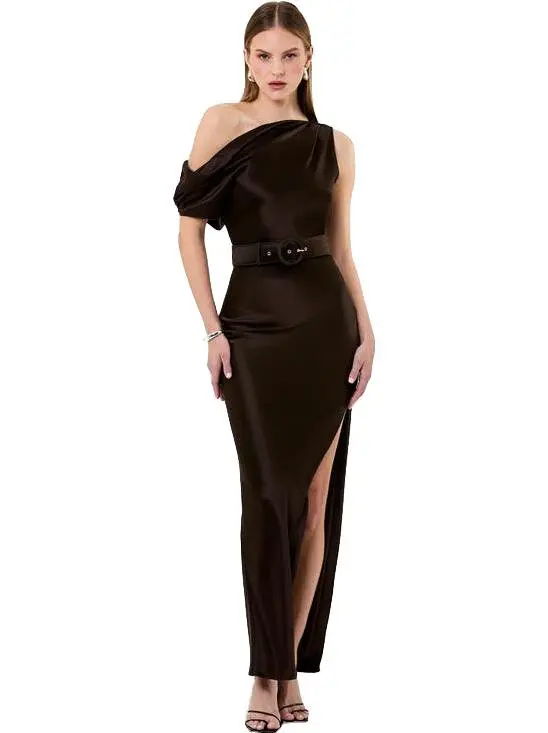 NICHOLAS Eartha One-shoulder Draped Midi Dress With Belt - Cacao