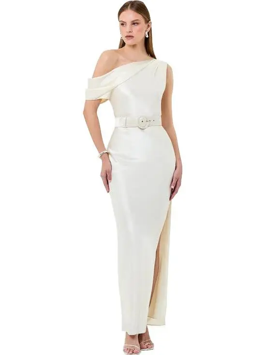 NICHOLAS Eartha One-shoulder Draped Midi Dress With Belt - Pearl
