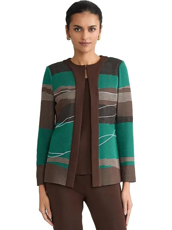 Ming Wang Embroidered Landscape Jacquard Knit Jacket - Everest/dark Umber/black/ivory