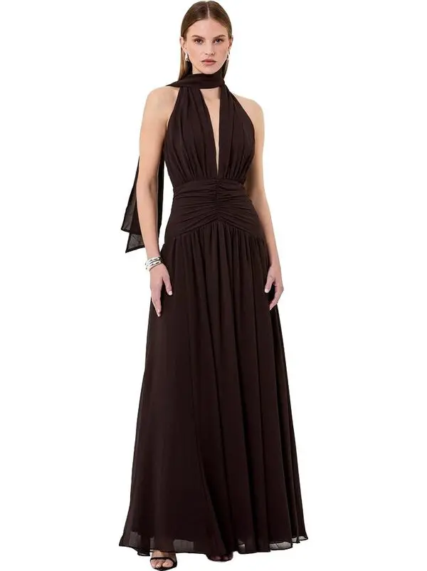 NICHOLAS Polka Dot Halterneck Maxi Dress - Mocha