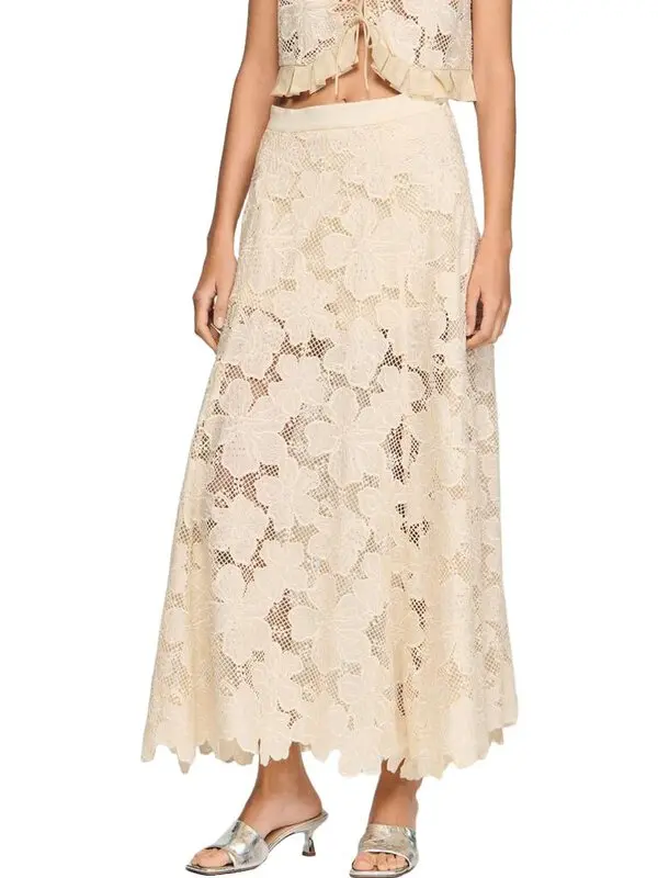Sandro Long Floral Guipure Flared Skirt - Ecru