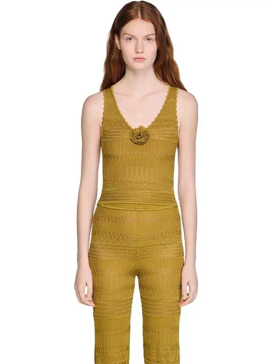 Sandro Floral Pointelle Knit Top - Olive