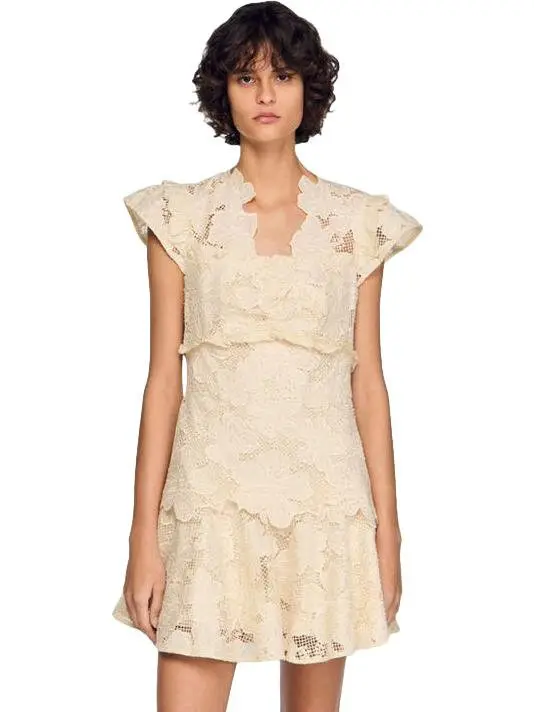 Sandro Short Floral Guipure Lace Dress - Ecru