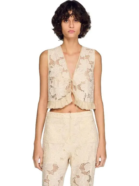Sandro Guipure Lace Crop Top With Ruffled Hem - Ecru