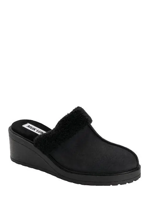 MUK LUKS Sophia Faux Shearling Cuffed Wedge Mule - Black