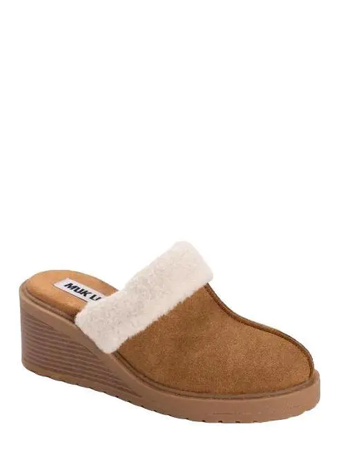MUK LUKS Sophia Faux Shearling Cuffed Wedge Mule - Dark Tan