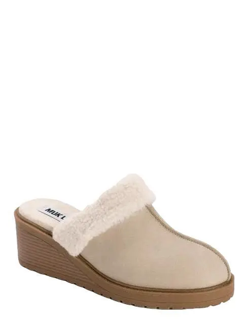 MUK LUKS Sophia Faux Shearling Cuffed Wedge Mule - Natural