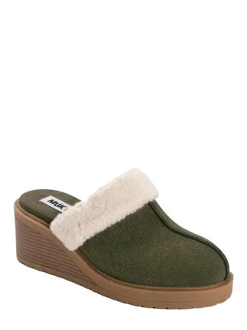 MUK LUKS Sophia Faux Shearling Cuffed Wedge Mule - Olive