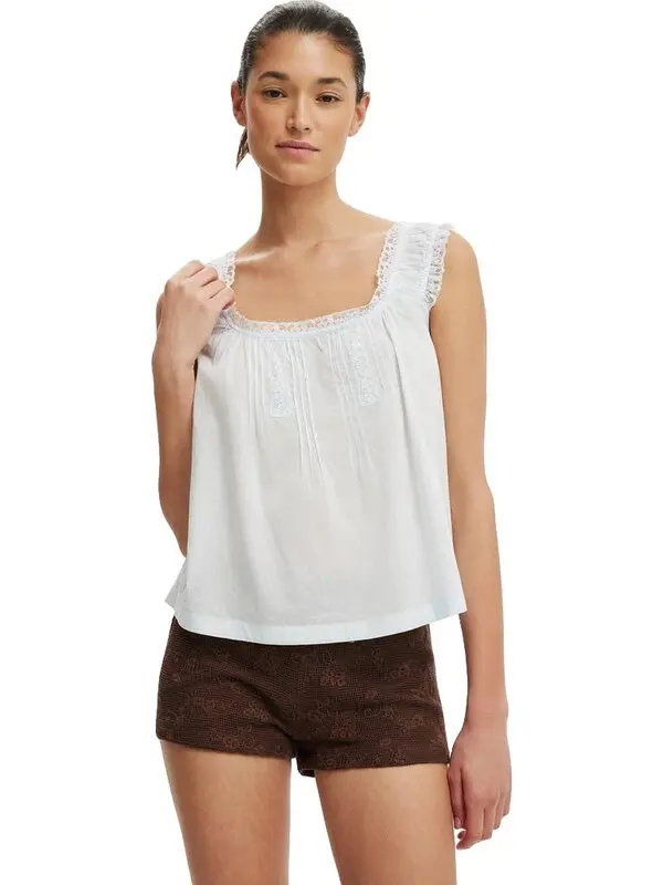 COTTON ON Willa Babydoll Top With Lace Trim - Seaside Blue