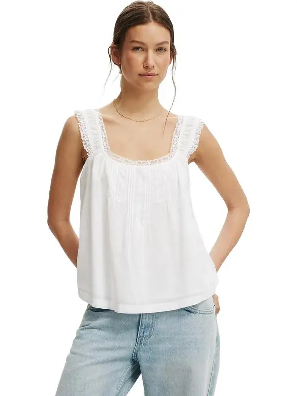 COTTON ON Willa Babydoll Top With Lace Trim - White