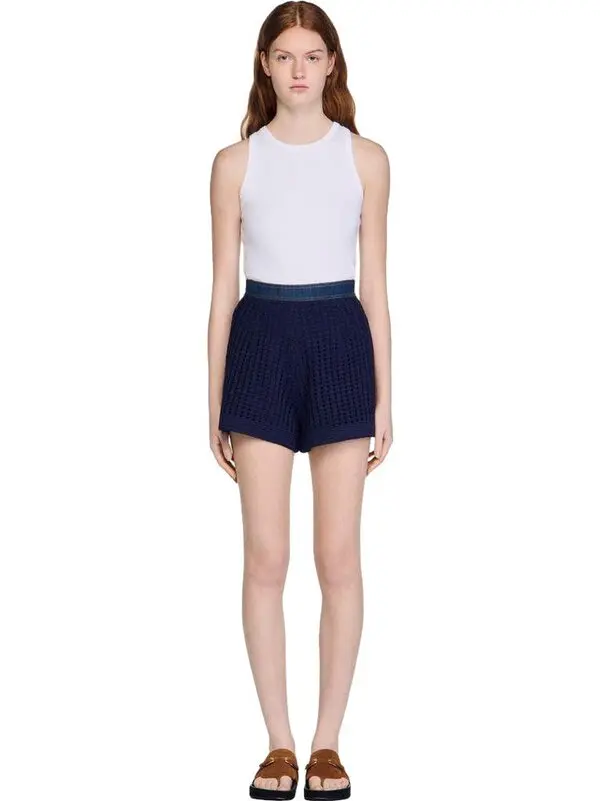 Sandro High-waisted Crochet Shorts With Denim Trim - Navy Blue