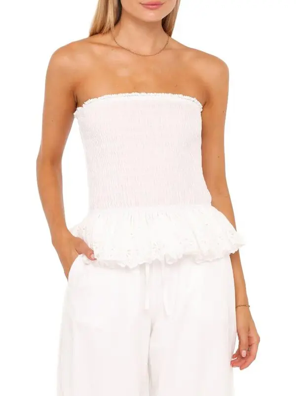 PETAL & PUP Shirred Cotton Peplum Top - White Broderie