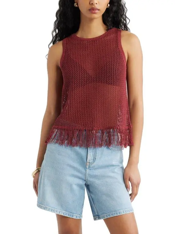 OPEN EDIT Fringe Cropped Sweater - Red Ruby