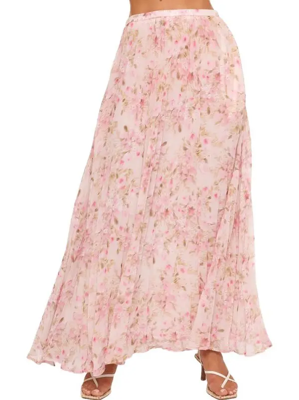 PETAL & PUP Mena Pleated Floral Maxi Skirt - Blurred Pink Floral