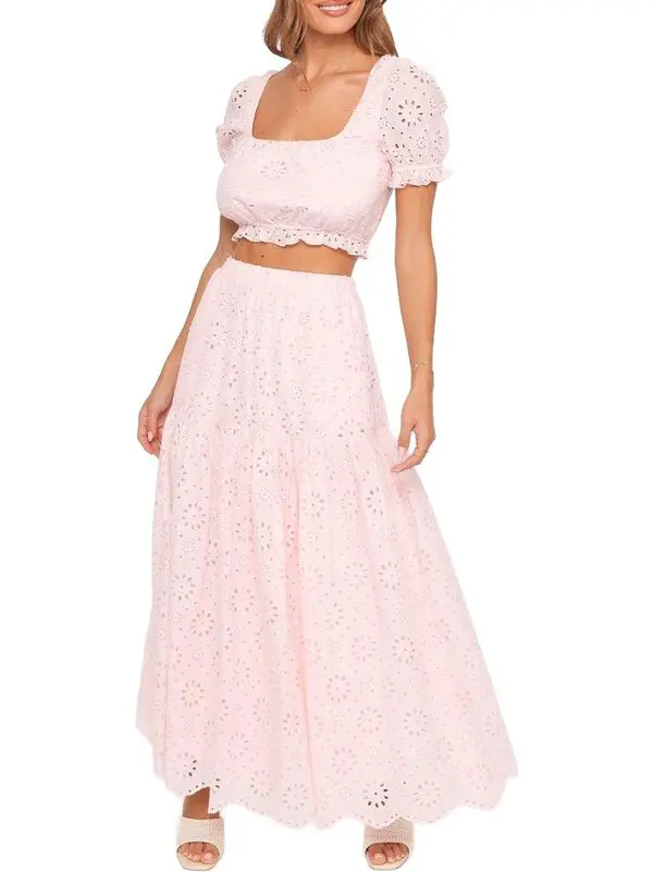 PETAL & PUP Broderie Cotton Midi Skirt Set - Pink Broiderie