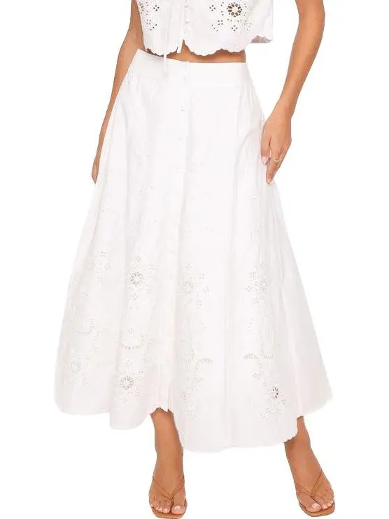 PETAL & PUP Kye Cotton Broderie Midi Skirt - White Broderie