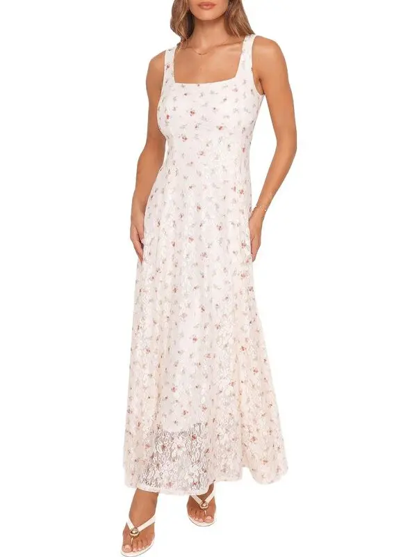 PETAL & PUP Floral Lace Maxi Dress With Square Neckline - White Floral Lace