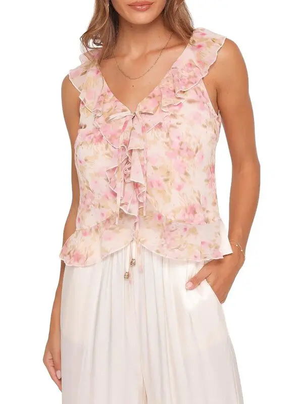 PETAL & PUP Ismena Tie Front Top - Blurred Pink Floral