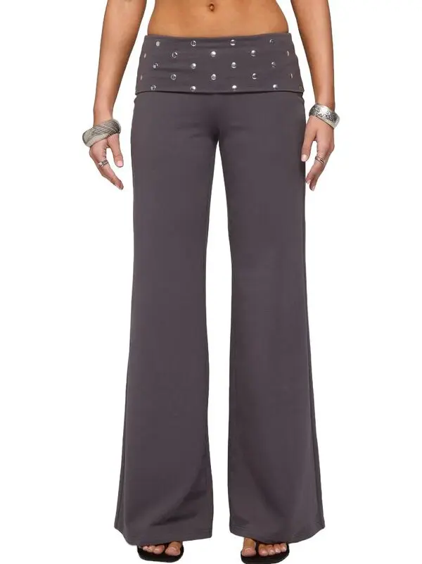 EDIKTED Breanna Studded Foldover Wide Leg Pants - Dark-gray