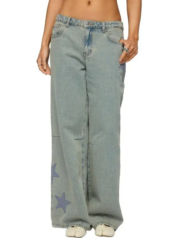 EDIKTED Trish Stars Low Rise Wide Leg Jeans - Blue-washed