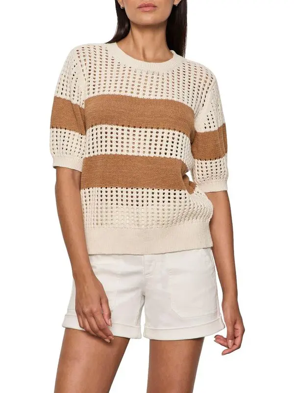 Sanctuary Beachside Openwork Stripe Sweater - Collagen White/coconut Brown