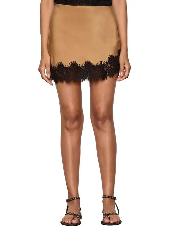 Sanctuary Satin Lace Trim Mini Skirt - Toasted Coconut Brown