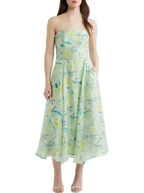 Lulus Elena Floral Print Strapless Midi Dress - Mint Multi
