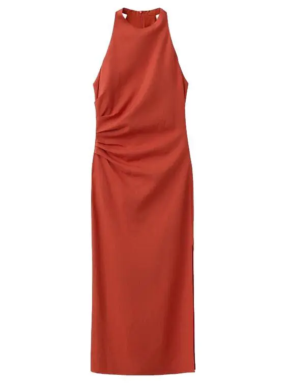 Mango Sleeveless Draped Midi Dress - Orange