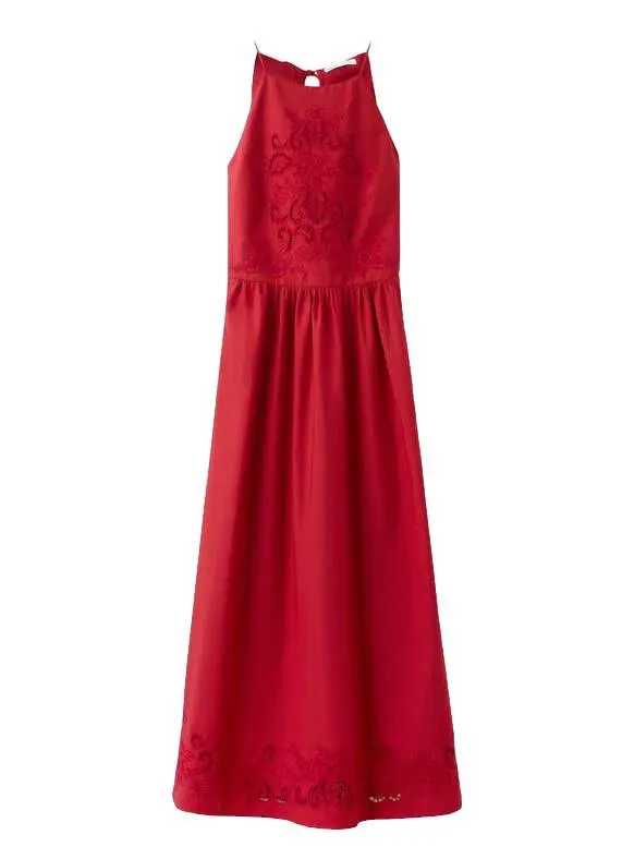 Mango Embroidered Cotton Maxi Dress With Cut-out Detail - Red