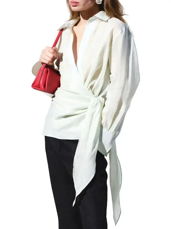 Mango Faux Wrap Ramie Shirt - Green