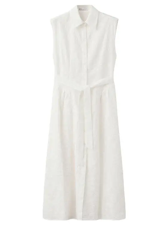 Mango Embroidered Sleeveless Maxi Shirt Dress - Ecru