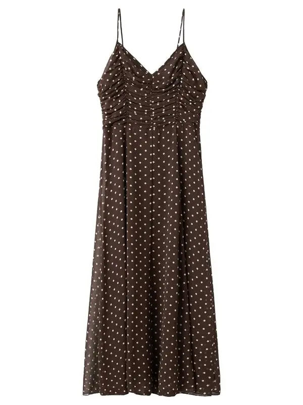 Mango Polka Dot Ruched Sleeveless Maxi Dress - Chocolate