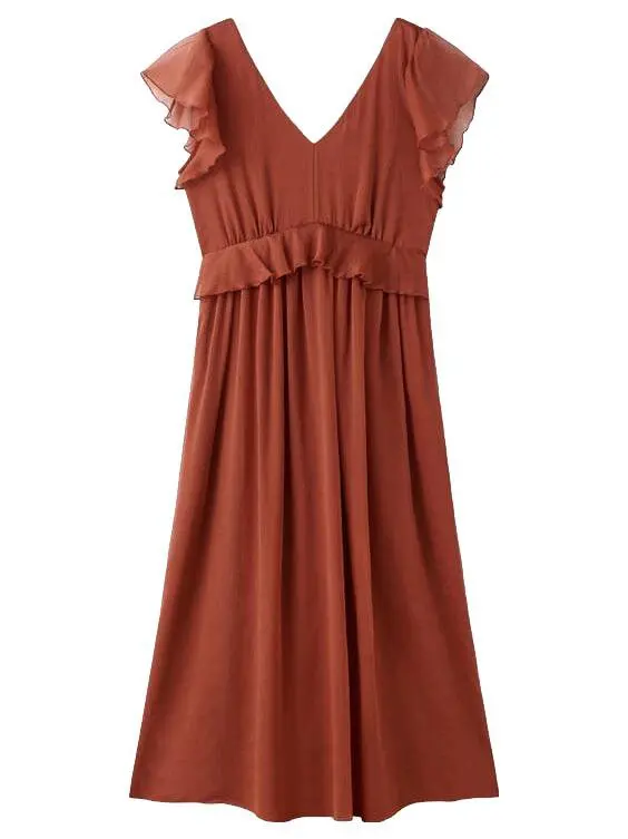 Mango Ruffled Flutter Sleeve Maxi Dress - Burnt Orange