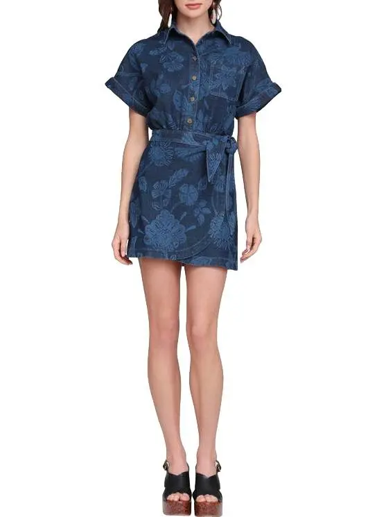 Avec Les Filles Floral Print Belted Denim Mini Shirt Dress - Parrot Fan Laser Pr
