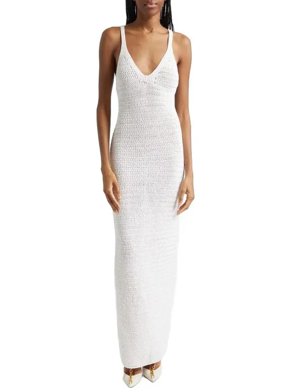 Balmain V-neck Crochet Knit Sweater Dress - 0ka Natural